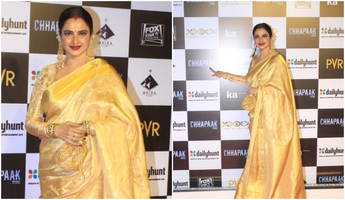 Veteran actress rekha looks regal in a bling golden saree at chhapaak ...