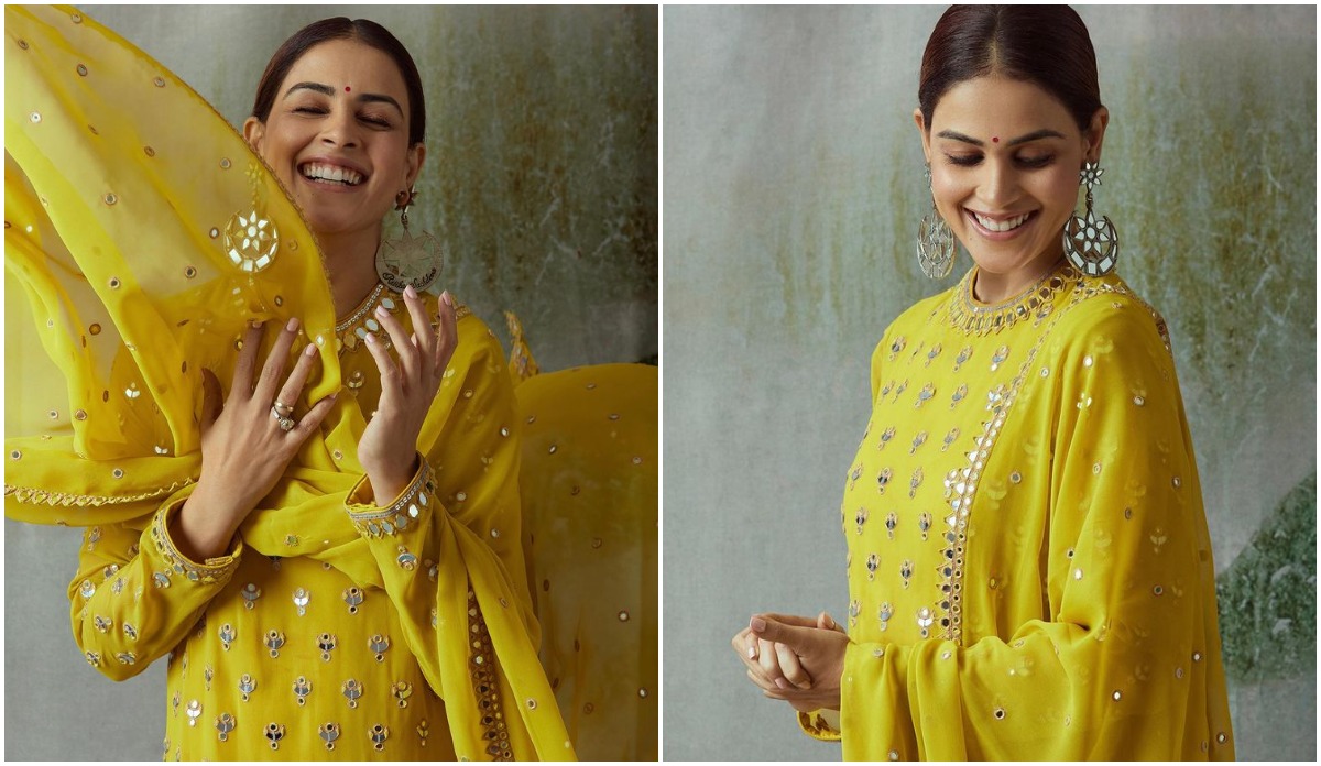 Genelia dsouza looking beautiful in mirror work yellow salwar suit see ...