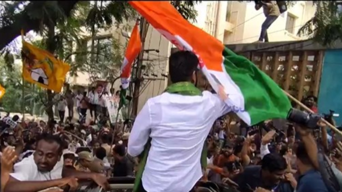 TDP flags in celebration of Congress victory in Hyderabad telangana ...