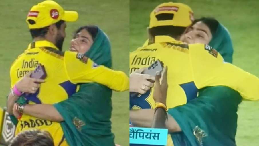 Ravindra jadeja hugged wife Rivaba after CSK Win ipl 2023 title against gujarat titans csk vs gt ...